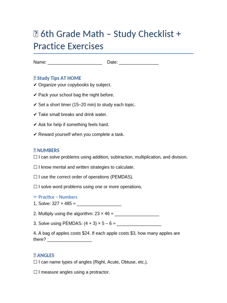 6th Grade Math Checklist and Practice | PDF