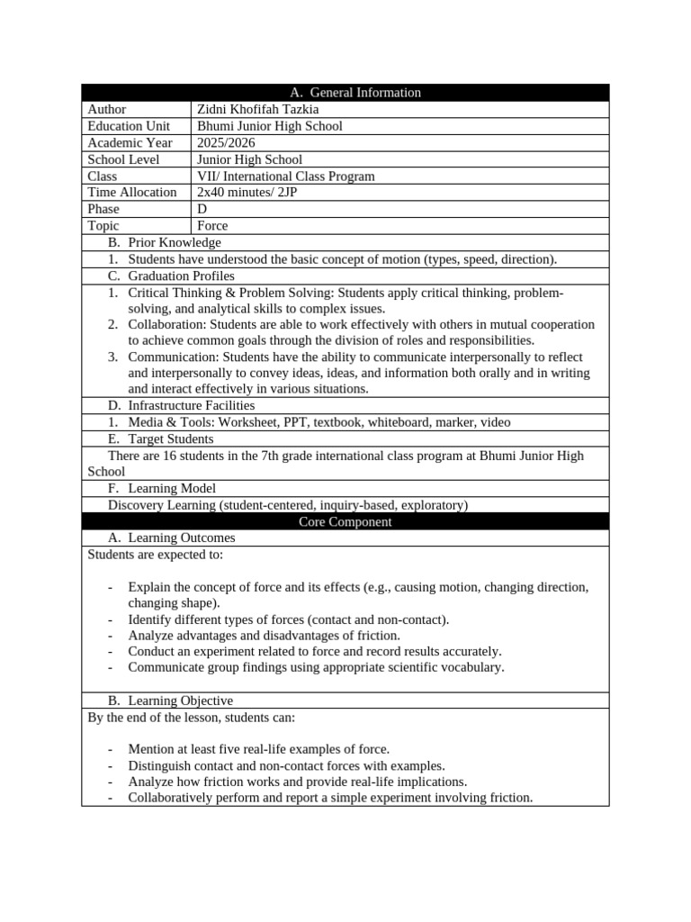 Physics Lesson Plan (Eac Indv) | PDF | Force | Friction