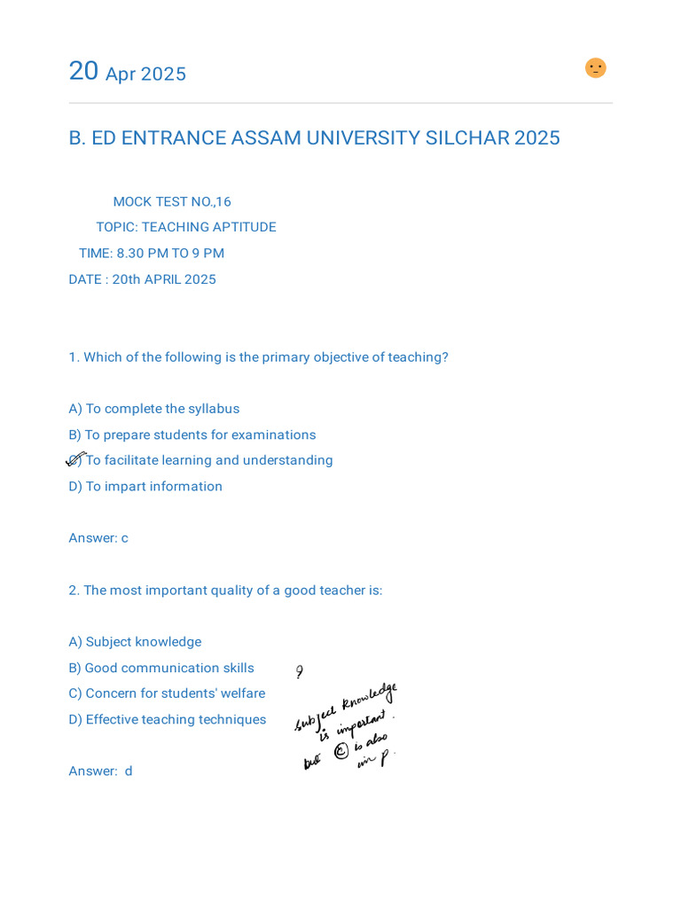 Assam University B.Ed Entrance Mock Test | PDF | Teachers | Learning
