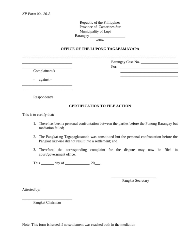 Certification to File Action Form | PDF