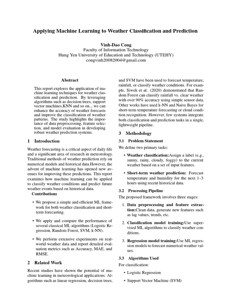 Applying Machine Learning To Weather Classification and Prediction ...
