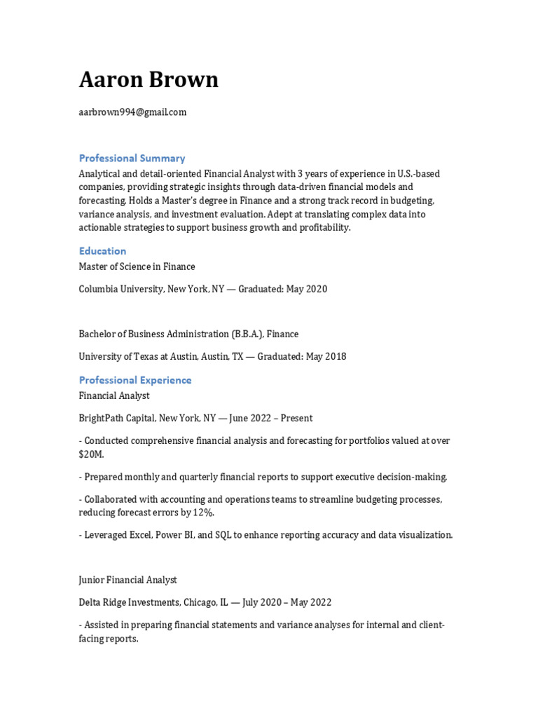 Financial Analyst Profile: Aaron Brown | PDF