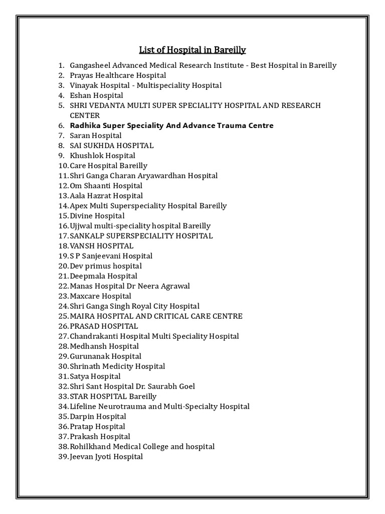 Bareilly Hospital and Doctor Directory | PDF | Gynaecology | Neurosurgery