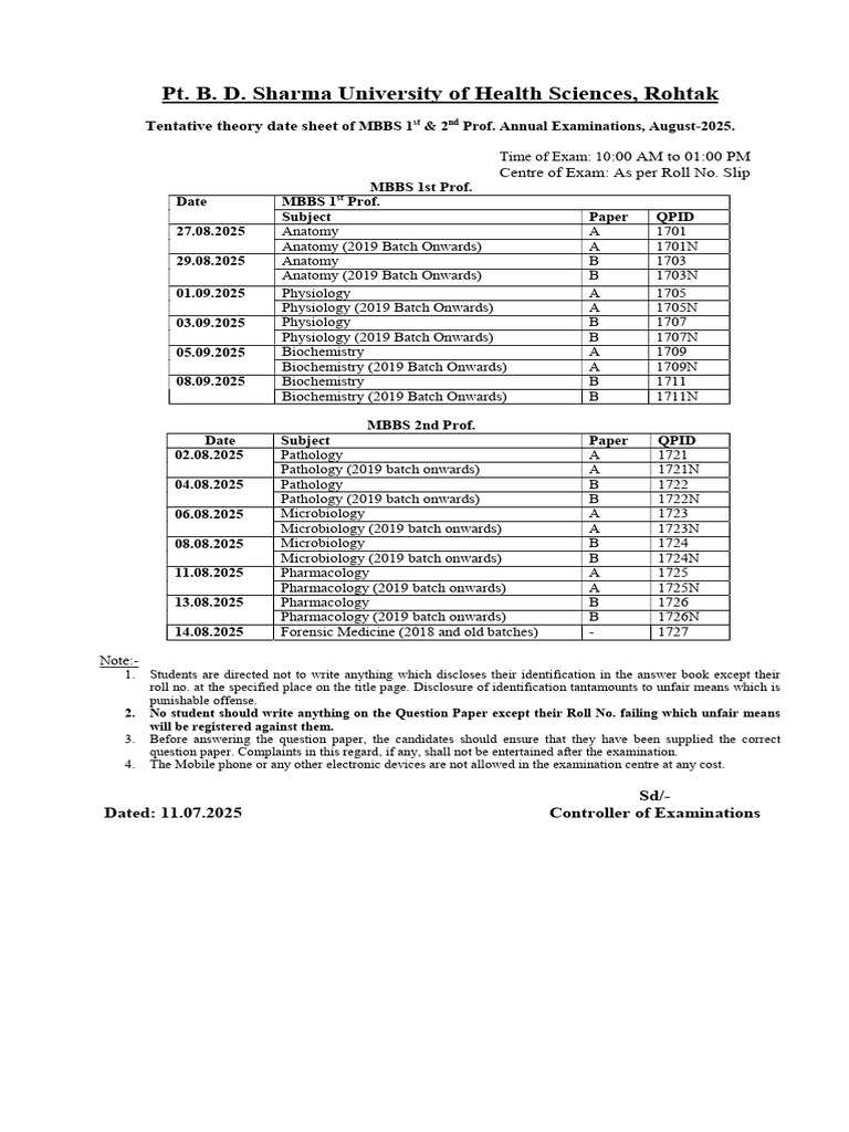 MBBS Exam Date Sheet August 2025 | PDF | Health Care | Medicine