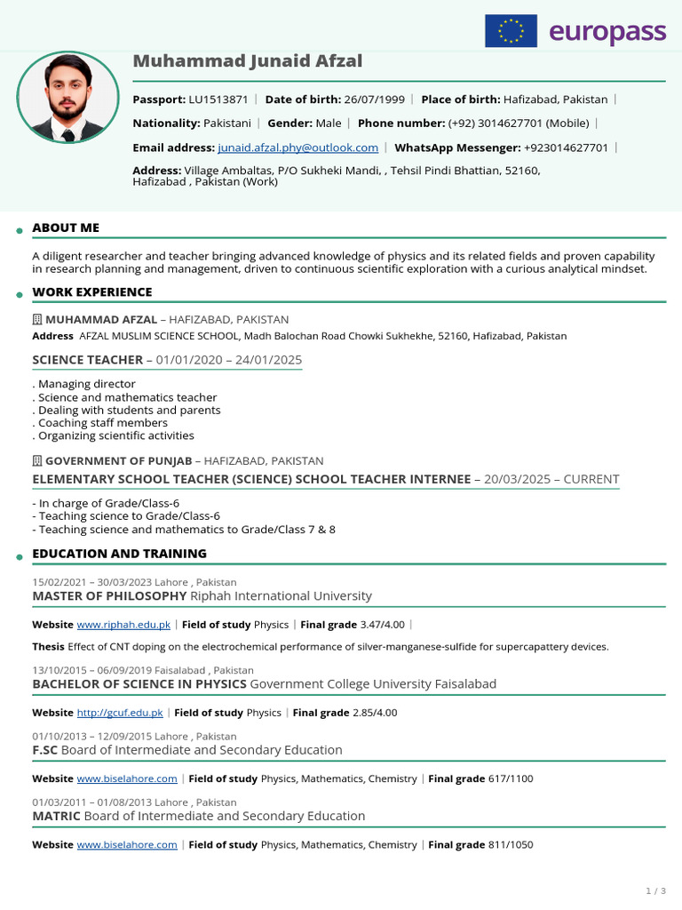 CV M.Junaid Afzal Euoropass | PDF | Pakistan