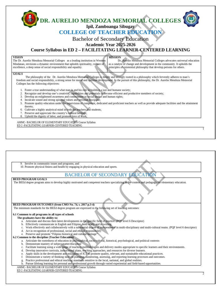 Obe-Course-Syllabus-Bsed Em-Facilitating Learner-Centered Teaching | PDF | Learning ...