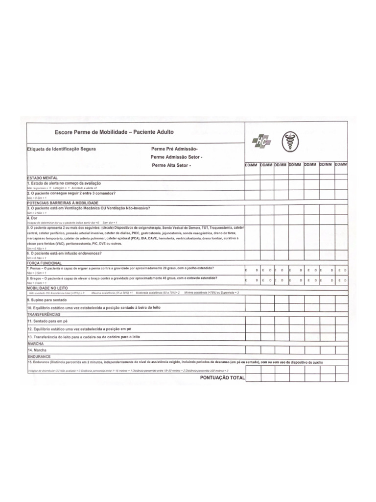 Escore Perme de Mobilidade - Paciente Adulto | PDF
