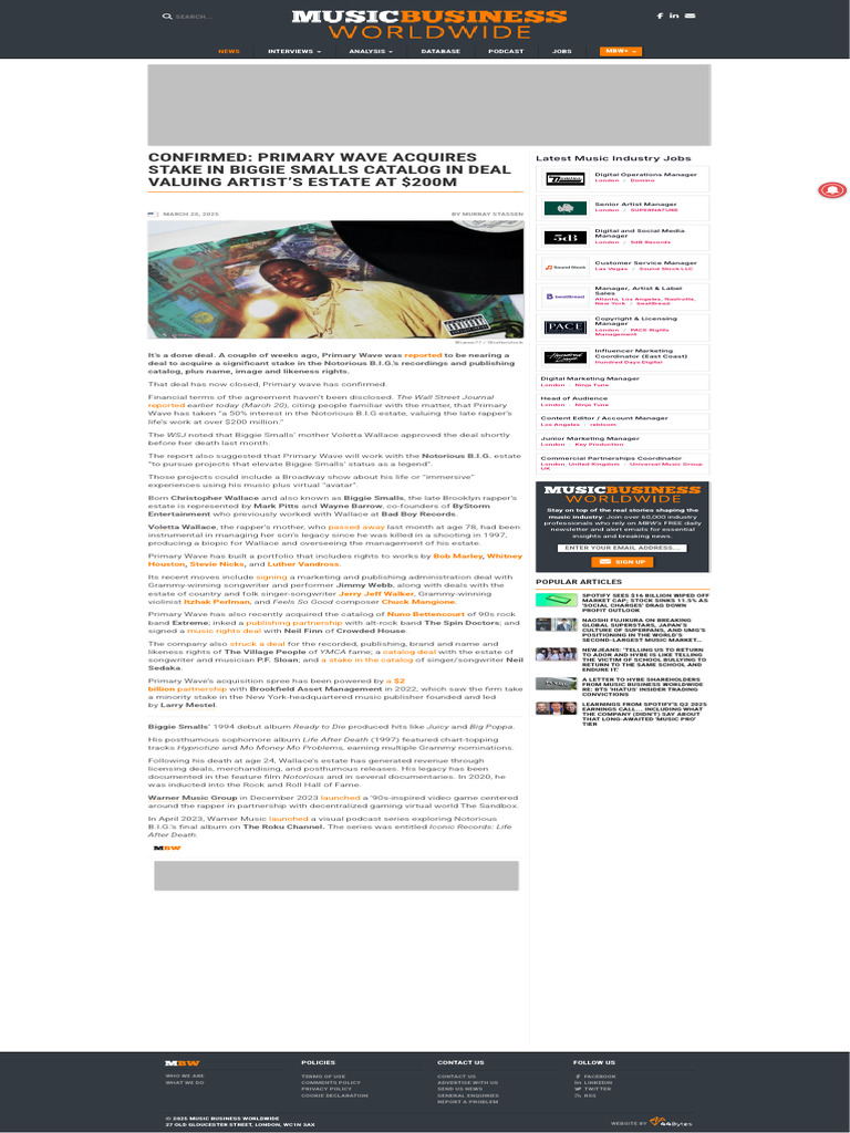 Primary Wave Acquires Stake in Notorious B.I.G. Music Catalog (Article ...