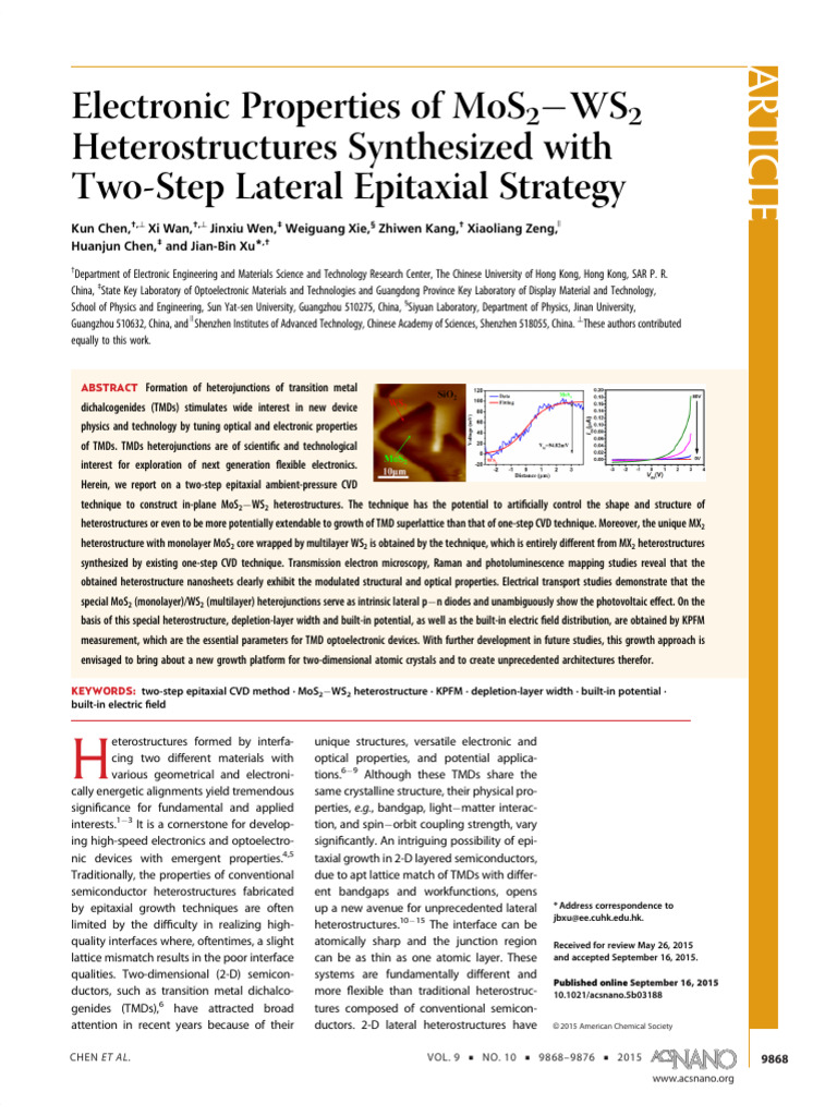 Electronic Properties of MoS2-WS2 Heterostructures Synthesized With Two-Step Lateral Epitaxial ...