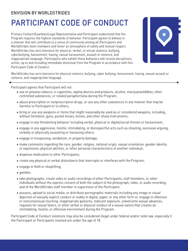 WorldStrides Participant Code of Conduct | PDF | Harassment | Bullying