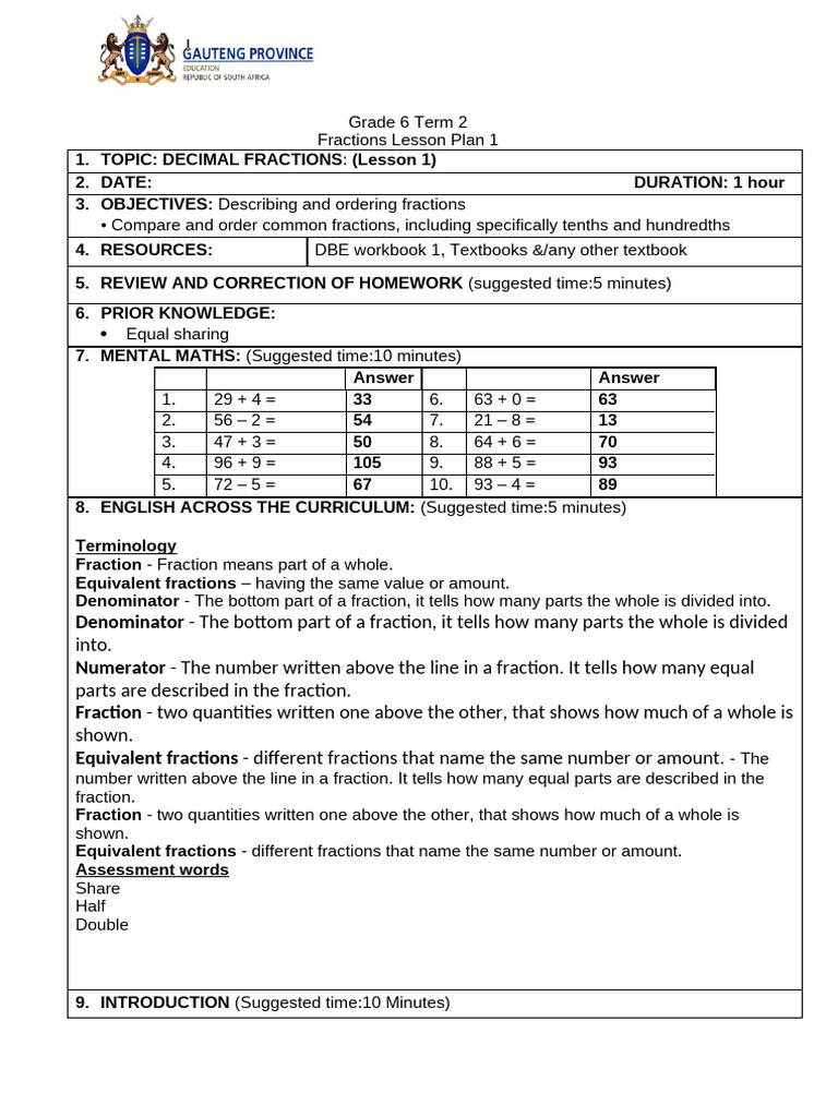 Grade 6 Fractions Lesson Plan | PDF | Ratio | Mathematics