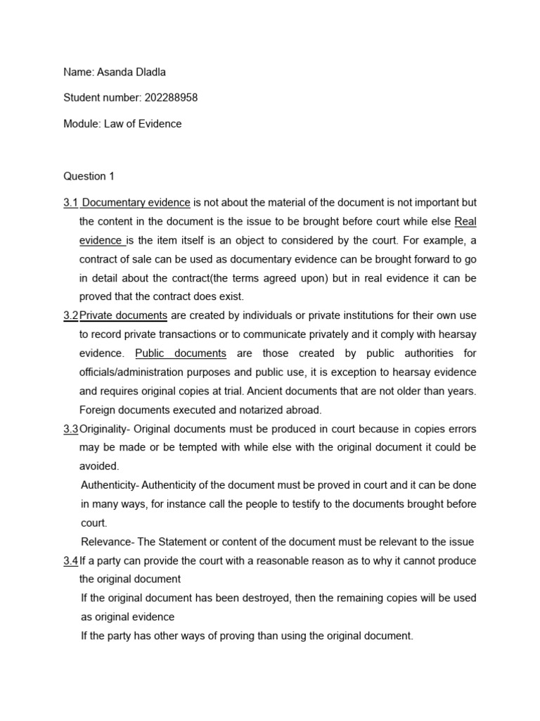 Law of Evidence Test 2 | PDF | Evidence (Law) | Evidence