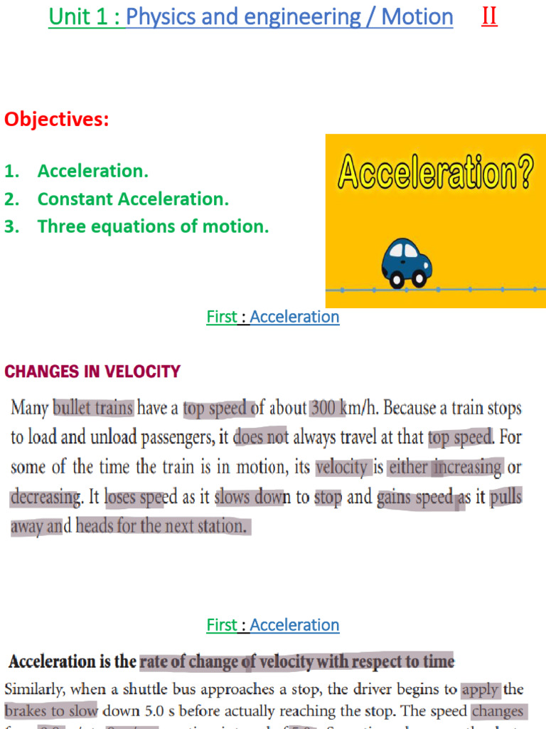 Motion: Acceleration Concepts and Equations | PDF
