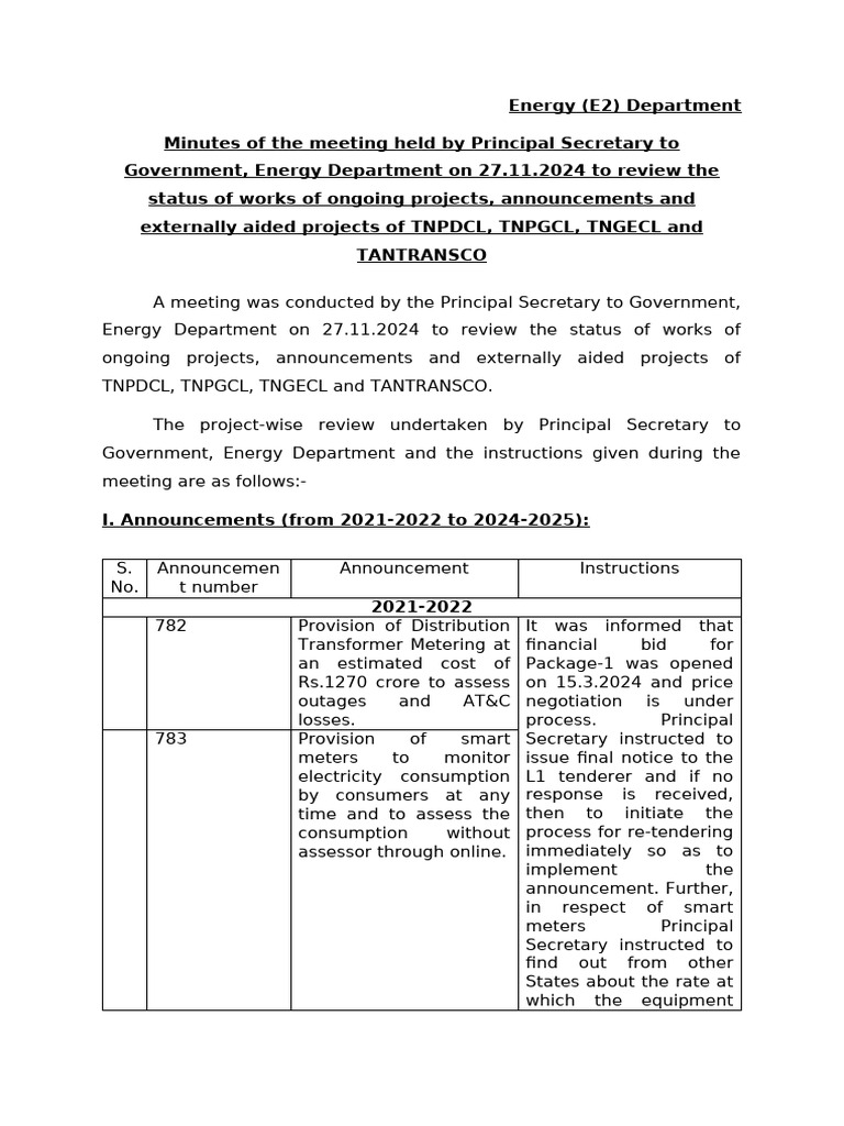Ongoing Projects Review by PS On 27.11.2024 - Minutes | PDF