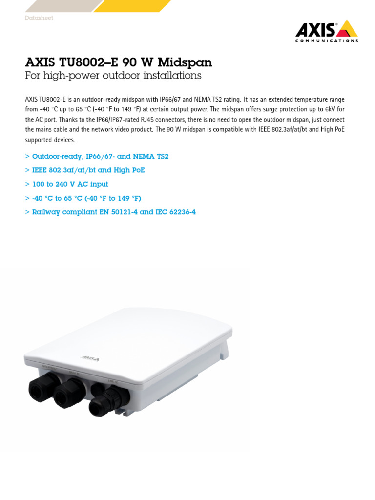 #12 Datasheet Axis Tu8002-E 90 W Midspan en US 376154 | PDF ...