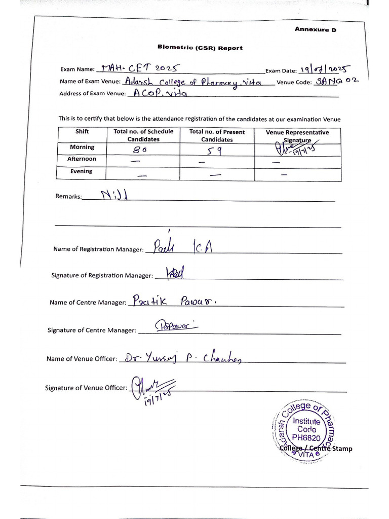 Biometric (CSR) Report Morning Shift SANG02 | PDF