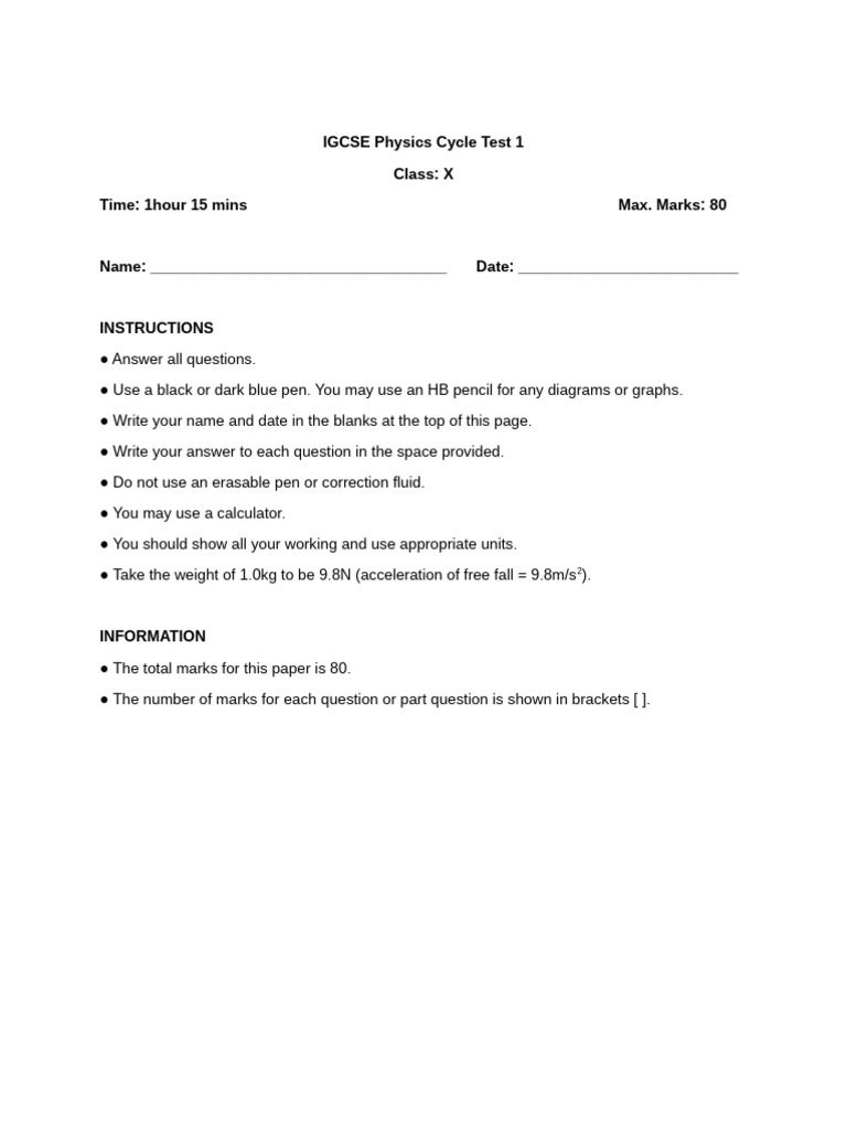 IGCSE Physics Cycle Test 1 AM (1) | PDF | Physical Quantities | Electronics