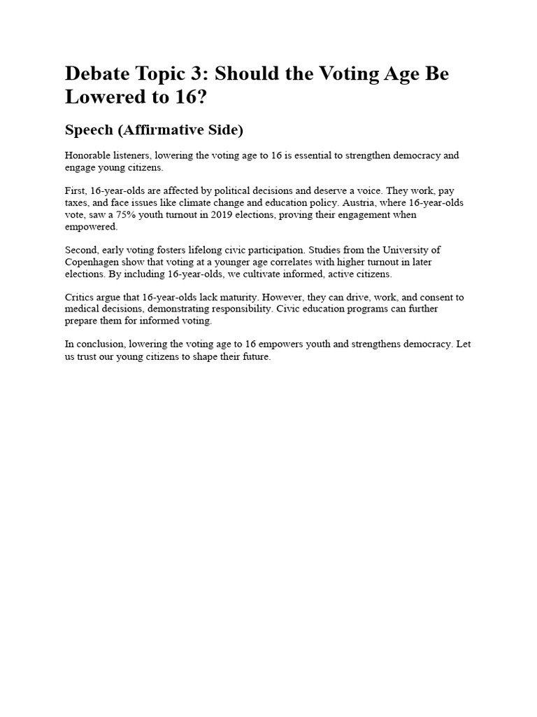 Lowering the Voting Age to 16 Debate | PDF