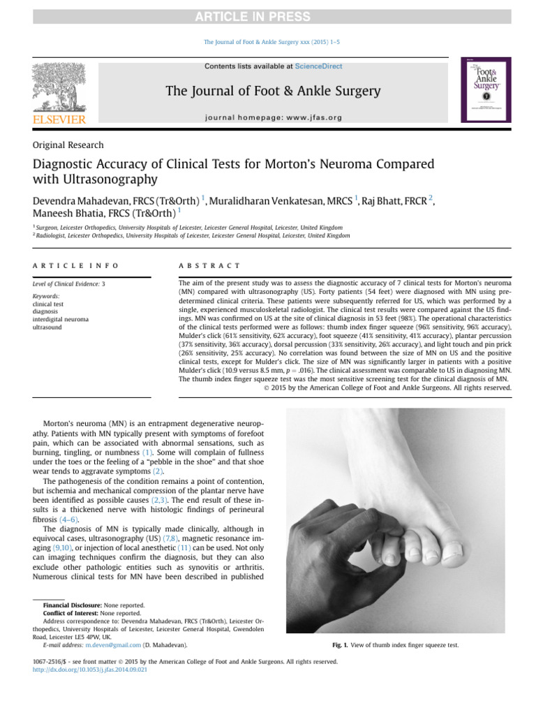 Diagnostic Accuracy of Clinical Tests For Morton's Neuroma Compared ...