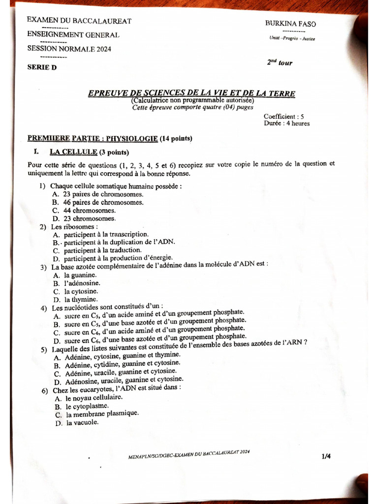 Bac D SVT 2024 Second Tour | PDF