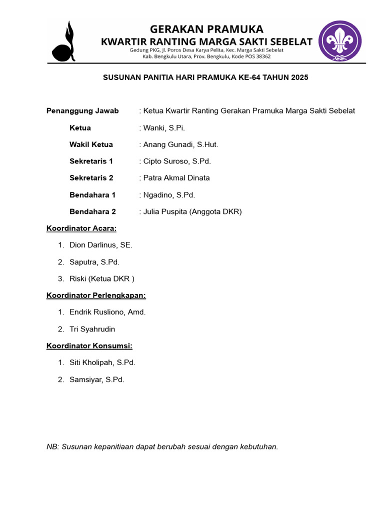 Susunan Panitia Hari Pramuka 2025 | PDF