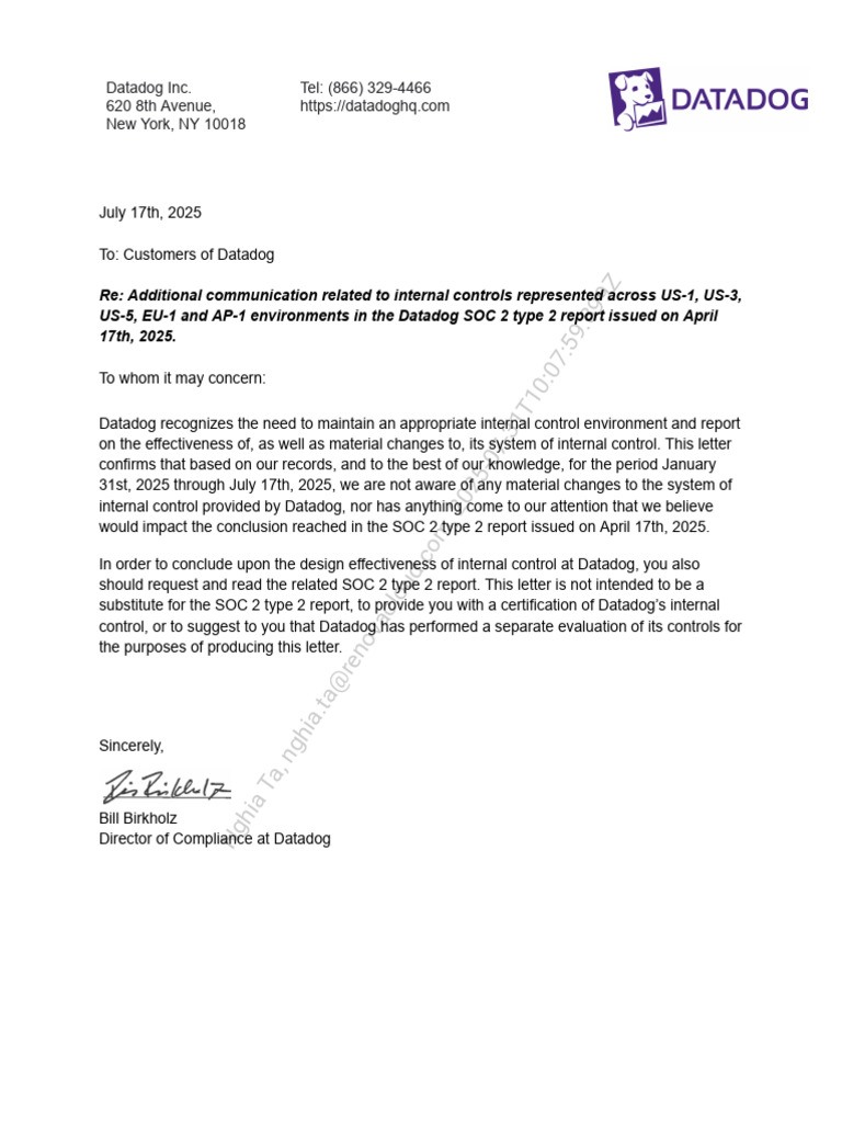 Datadog SOC 2 Type II Bridge Letter - July 17th 2025 | PDF