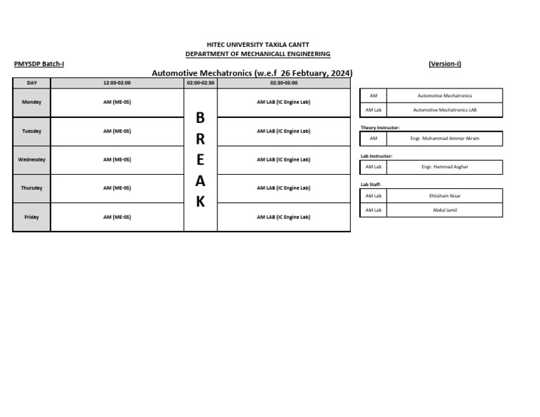 Time Table Batch-I (AM) | PDF