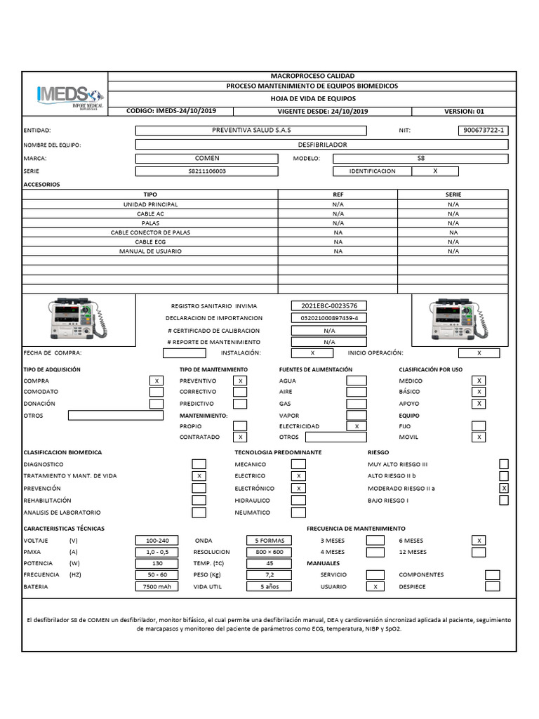 Hoja De Vida Desfibrilador S8 Pdf Electricidad