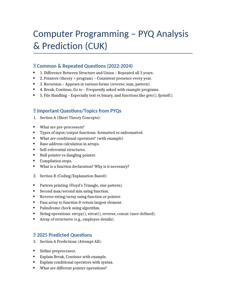 Computer Programming PYQ Prediction 2025 | PDF | Pointer (Computer Programming) | String ...