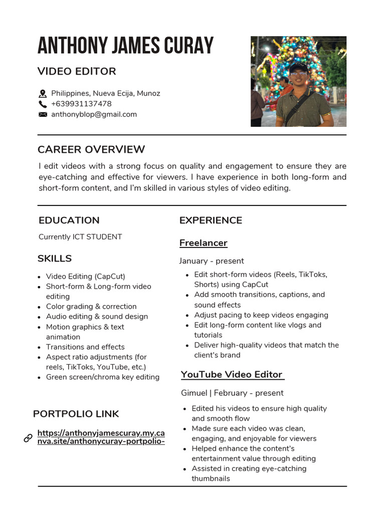 Video Editor Portfolio - Anthony Curay | PDF
