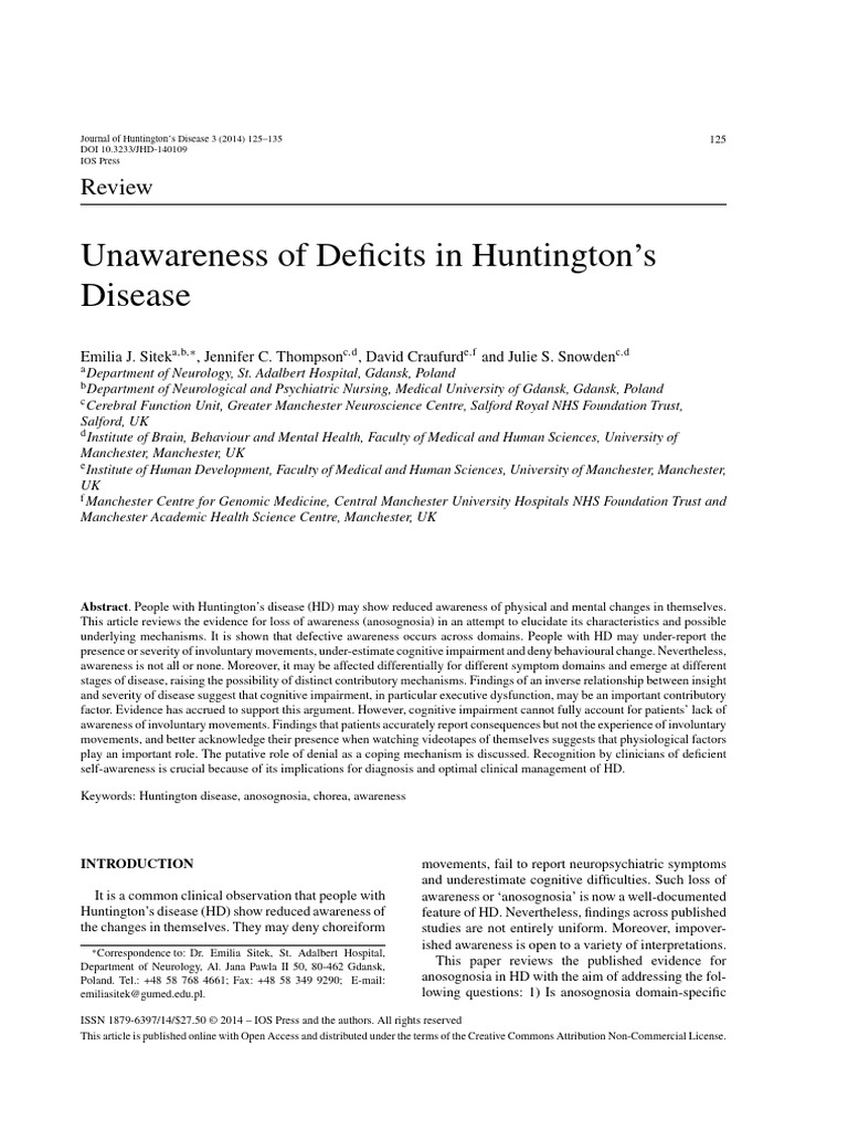 Unawareness of Deficits in Huntington's Disease | PDF | Dementia | Self ...