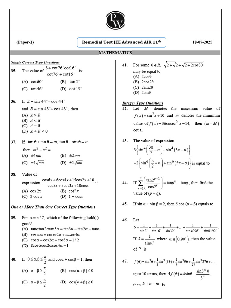 AIR - Remedial - JEE Advanced - 11th - Maths - (18-07-2025) - Question ...
