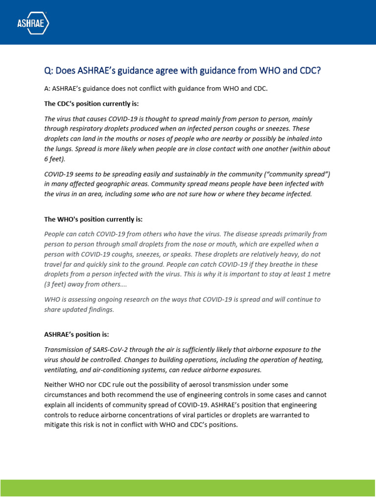ASHRAE Paper - Do They Agree With Guidance From WHO and CDC | PDF