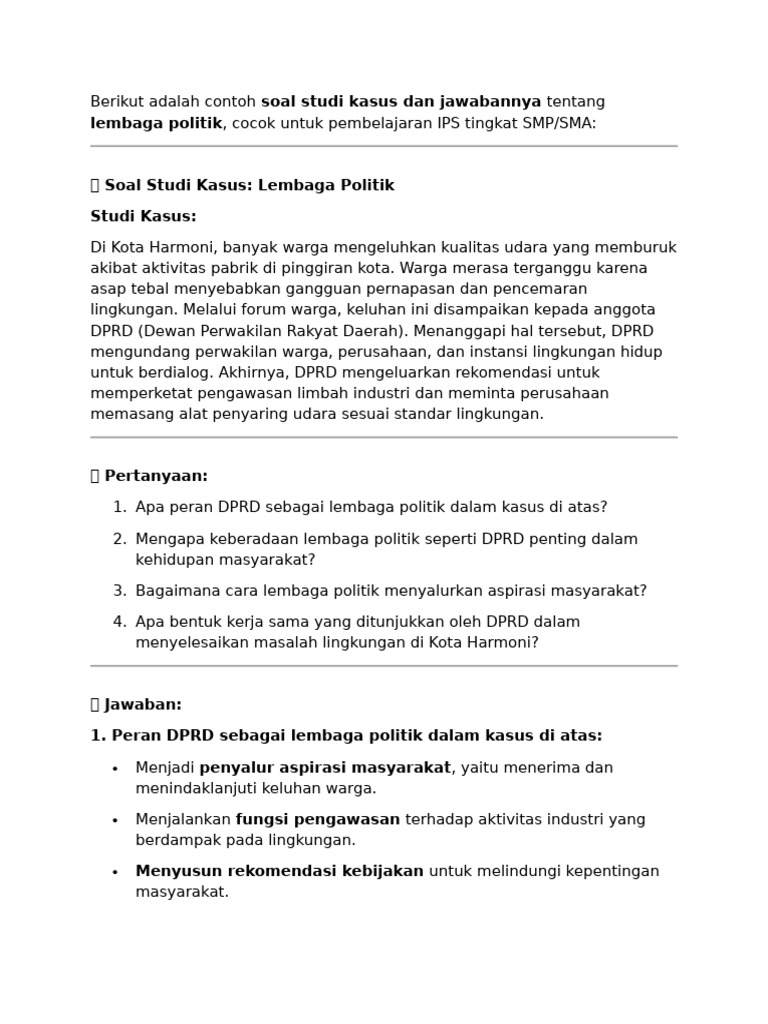 Berikut Adalah Contoh Soal Studi Kasus Dan Jawabannya Tentang Lembaga Politik | PDF