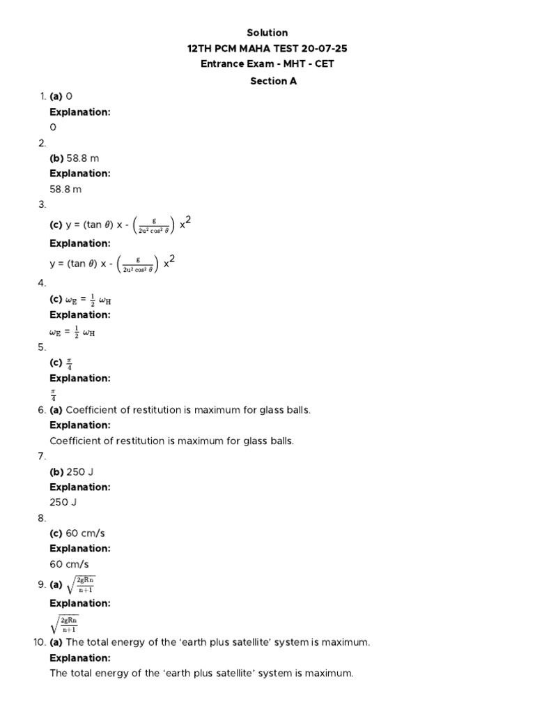 MHT-CET 12th PCM Test Solutions | PDF | Applied And Interdisciplinary ...