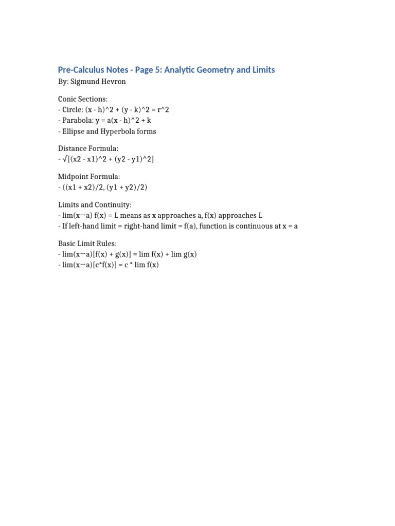 Pre-Calculus: Analytic Geometry & Limits | PDF