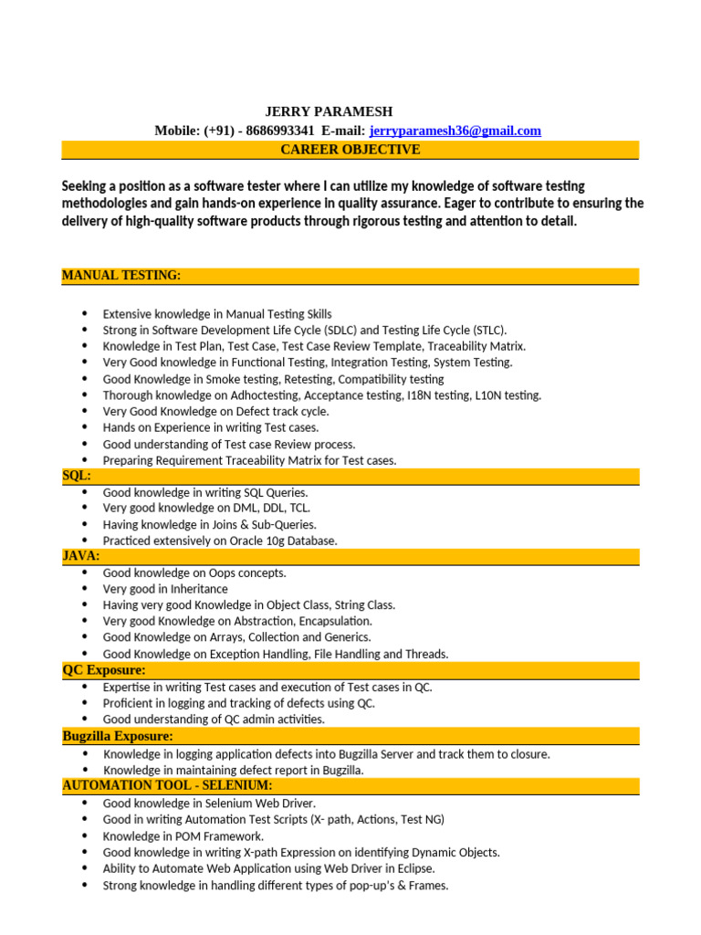 Fresher Resume Pattern 1 | PDF | Software Testing | Selenium (Software)