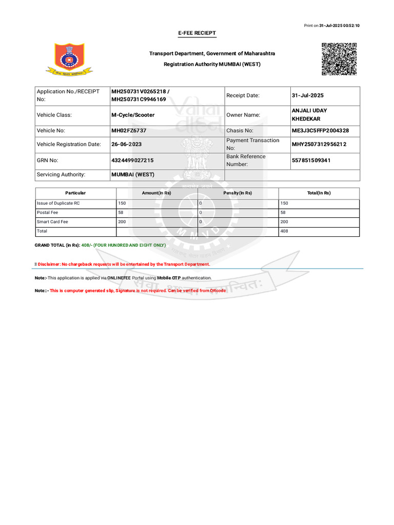 Vahan 4.0 (Citizen Services) Sp-Morth-Ws03 175 8012 | PDF | Receipt | Payments