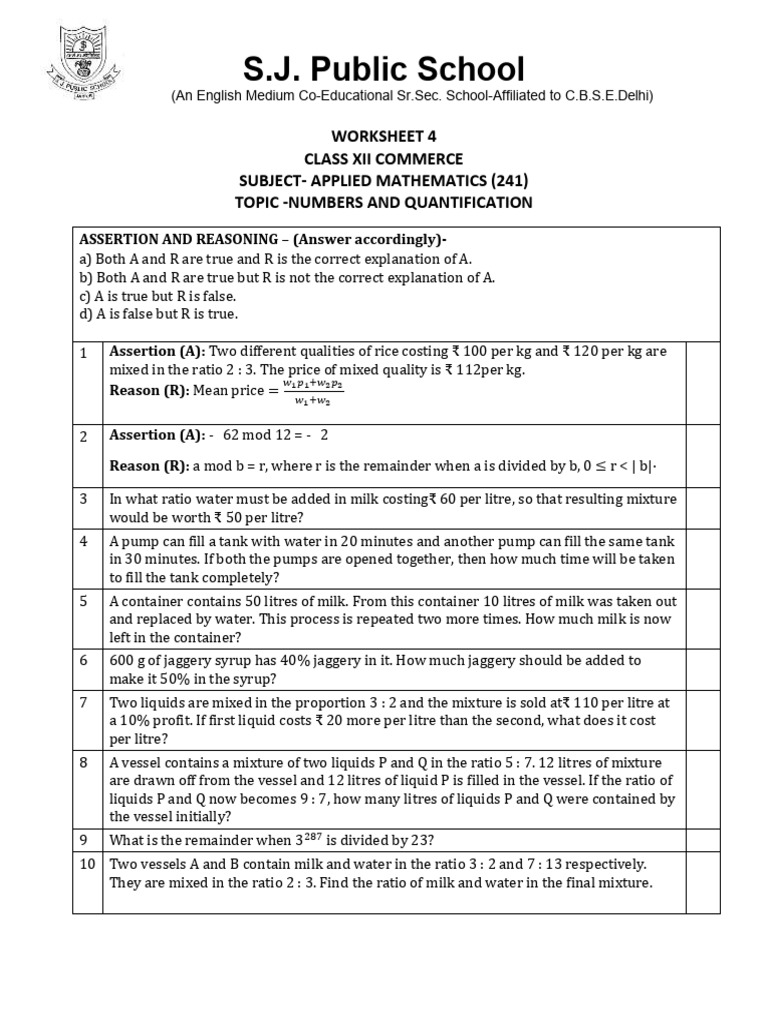 Worksheet 4 Xii Applied Maths Quant | PDF | Mathematics