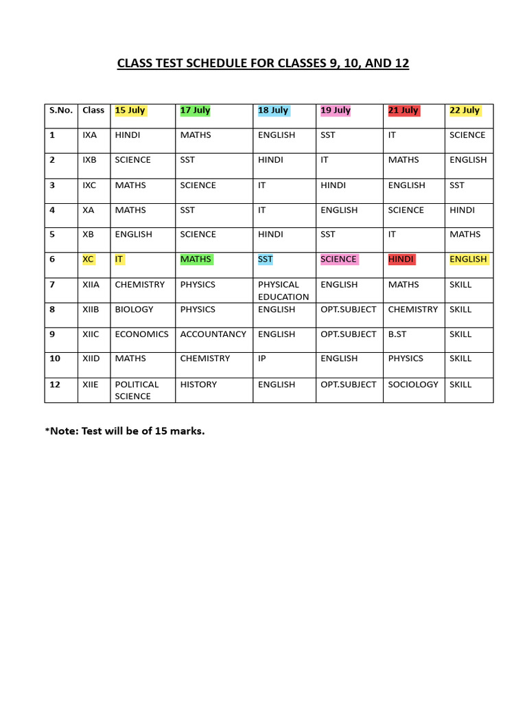 Class Test Schedule for Grades 9-12 | PDF