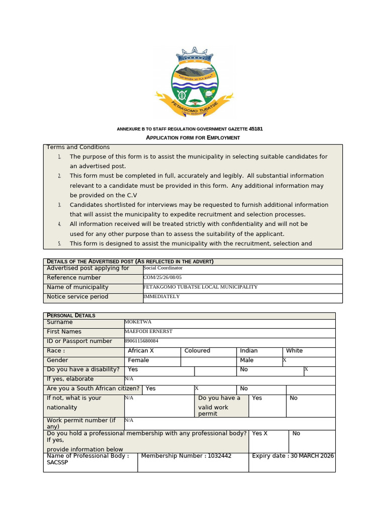 Application Form For Employment For All Vacant Positions Ftlm230721 ...