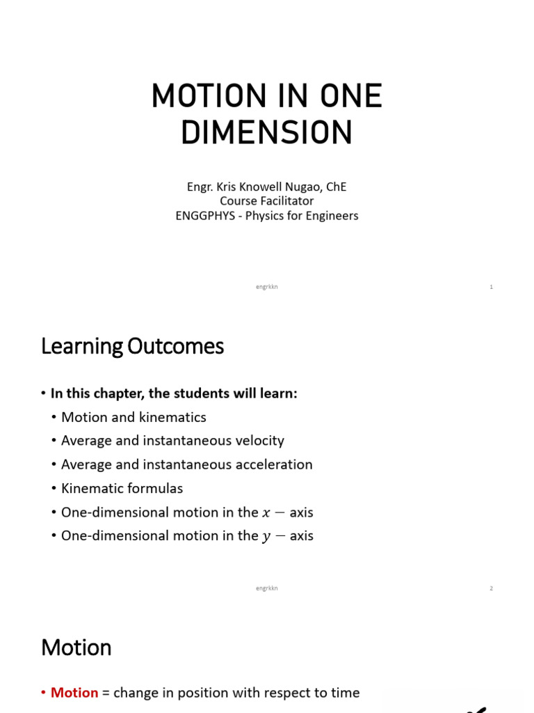 Enggphys - Lesson 2 - Motion in One Dimension | PDF | Kinematics | Velocity