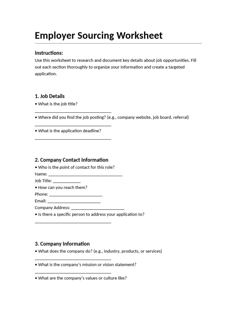 Employer Sourcing Worksheet | PDF