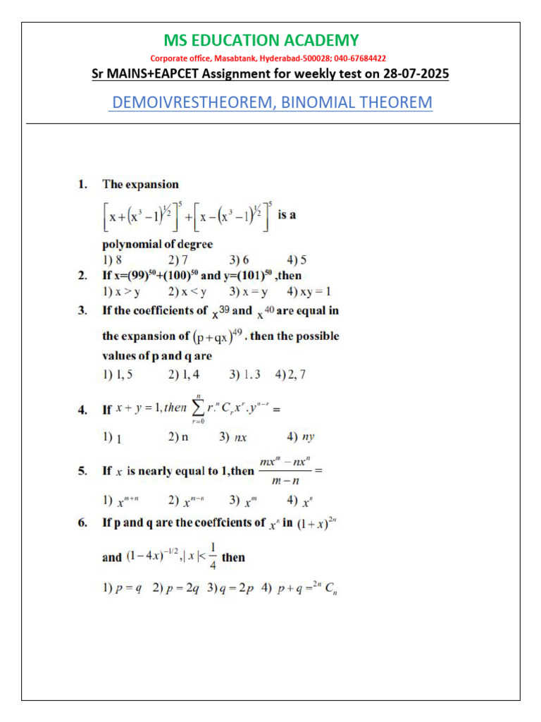 SR Mains+Eapcet-maths Assignment For Weekend 28 July 2025 (Demoivrestheorem, Binomial Theorem) | PDF