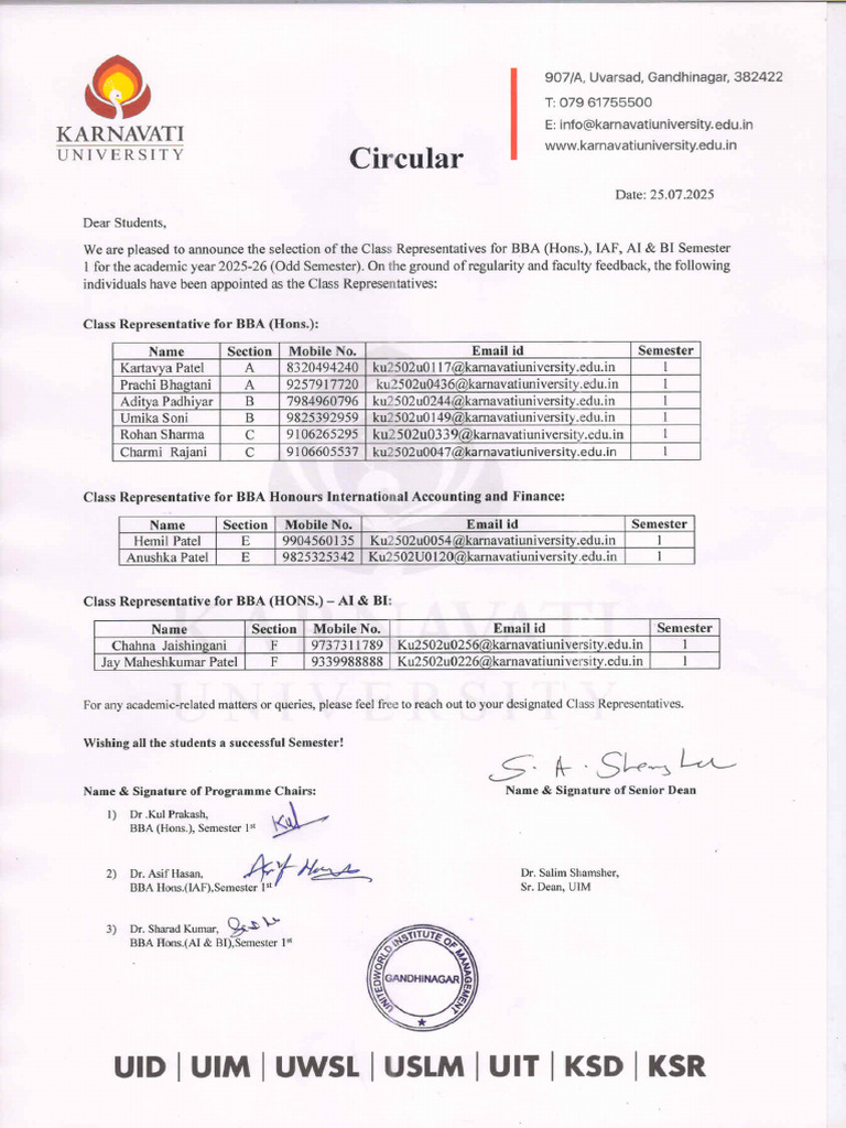 Class Representative Circular Semester 1 Dated 25.07.2025 | PDF