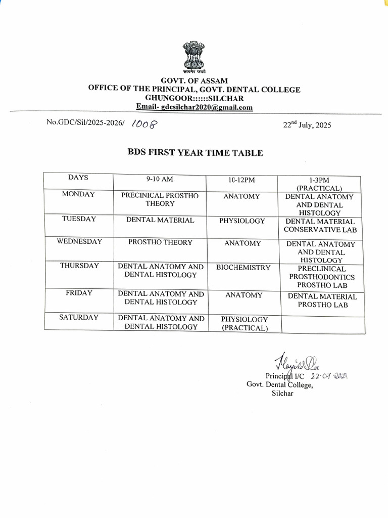BDS 1st Year Time Table | PDF