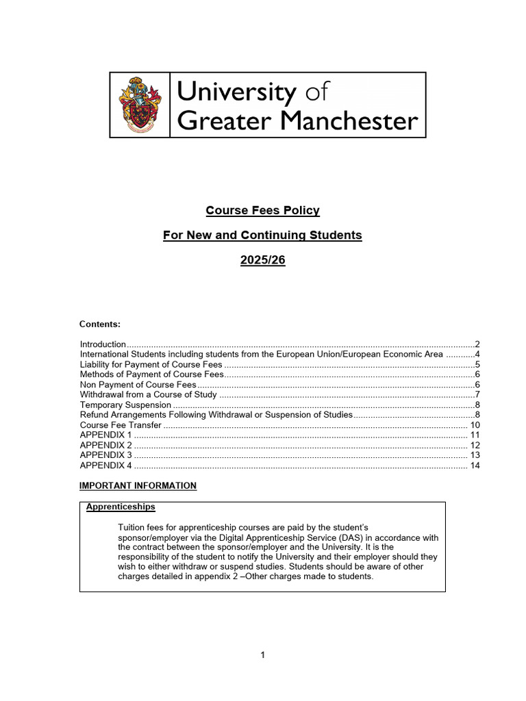 Course Fees Policy 2025/26 Overview | PDF | Fee | Payments