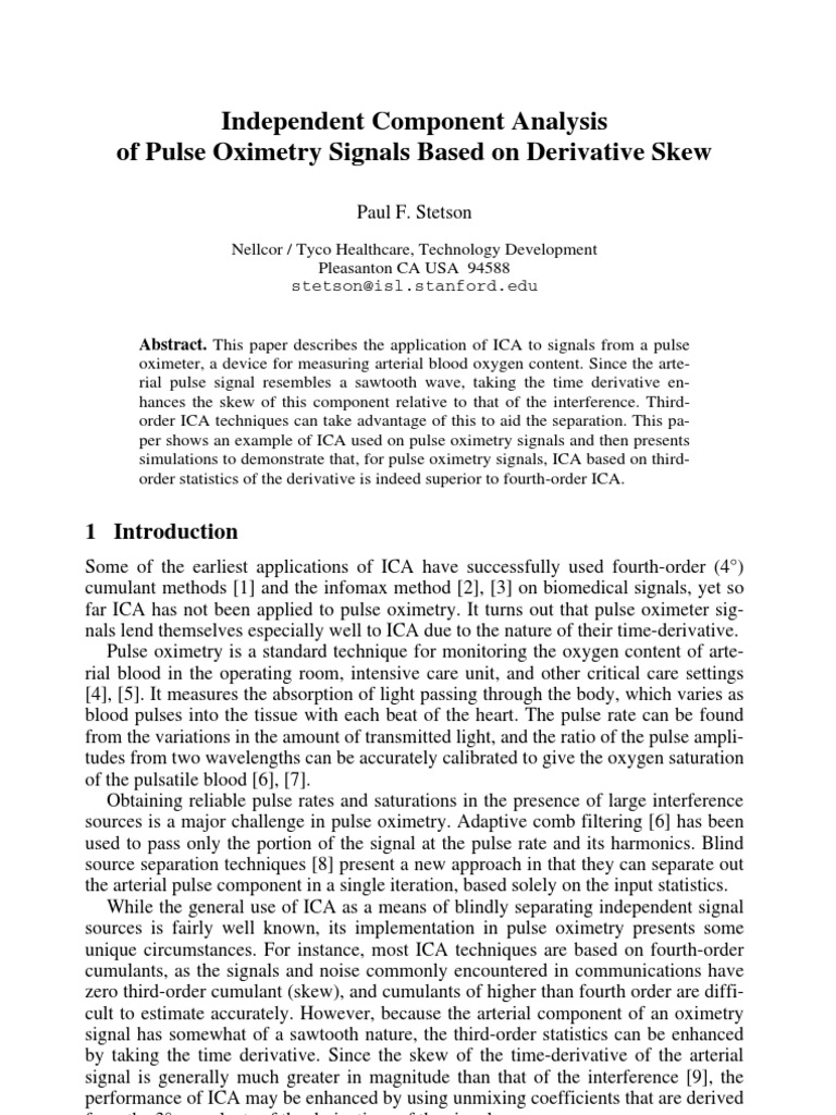 2004 - Stetson - Independent Component Analysis of Pulse Oximetry Signals Based On Derivative ...