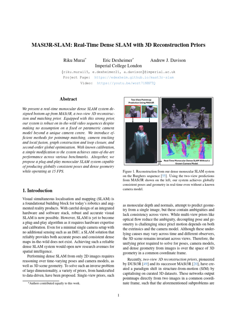MASt3R-SLAM Real-Time Dense SLAM With 3D Reconstruction Priors | PDF ...