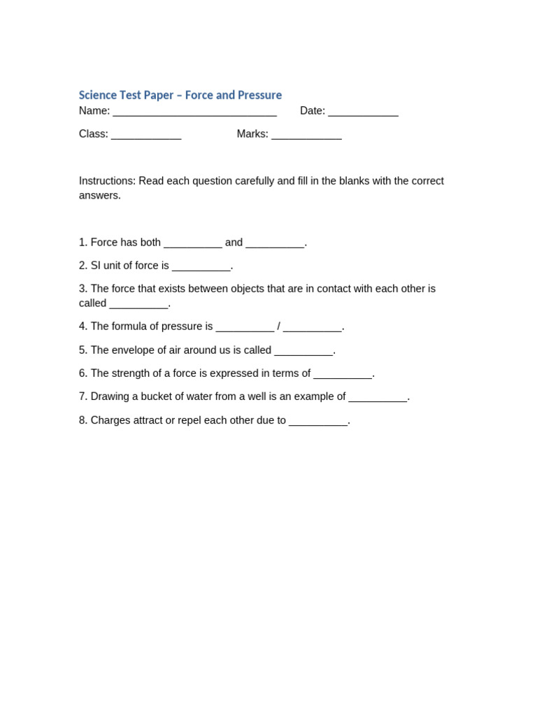 Science Test Force and Pressure | PDF